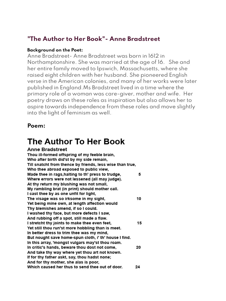 The Author To Her Book - Anne Bradstreet | PDF | Poetry