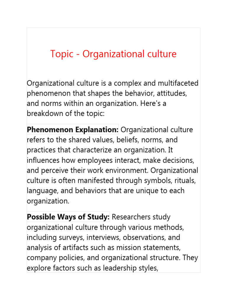 Topic - Organization Culture | PDF | Organizational Culture | Leadership