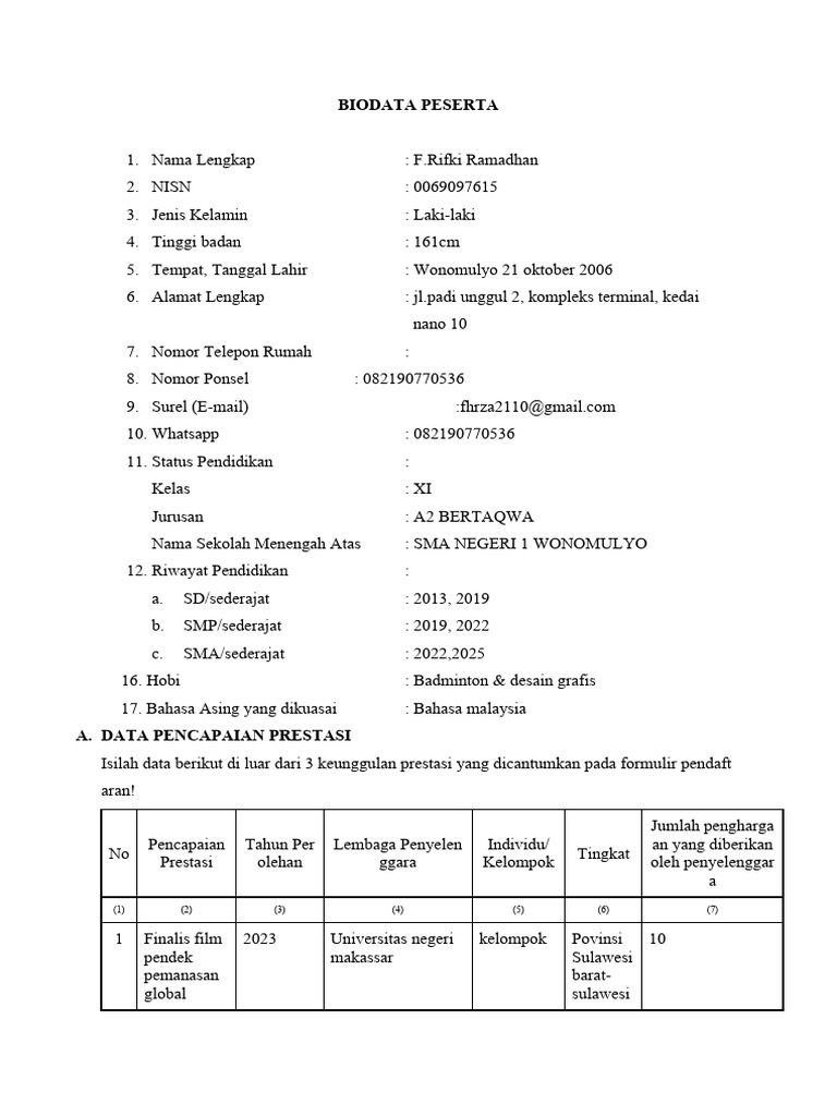 Biodata - Curiculum Vitae .Docx F.rifki Ramadhan | PDF