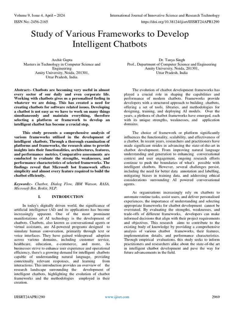 Study of Various Frameworks To Develop Intelligent Chatbots | PDF | Artificial Intelligence ...