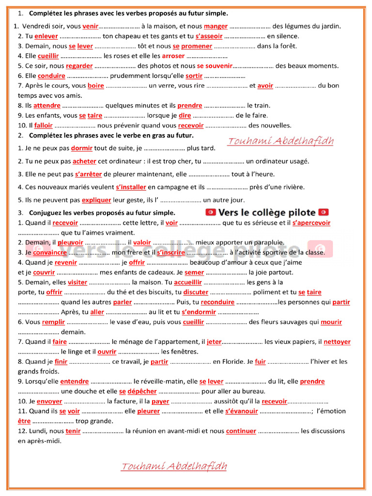 Complétez Les Phrases Avec Les Verbes Proposés Au Futur Simple | PDF
