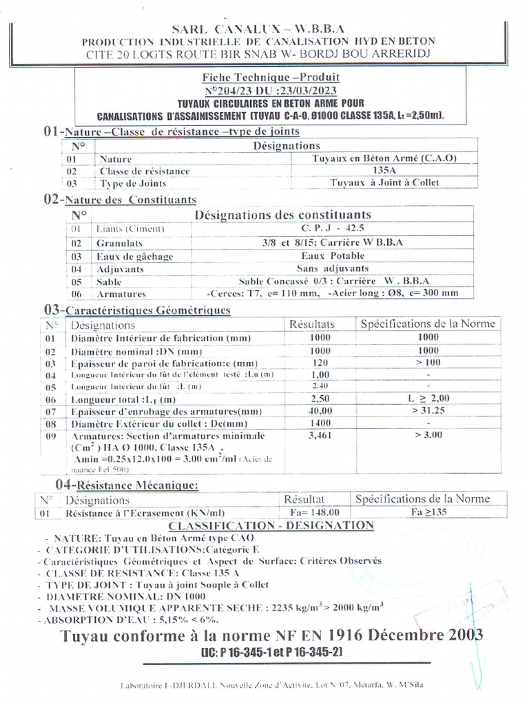Fiche Technique DN1000 135A | PDF
