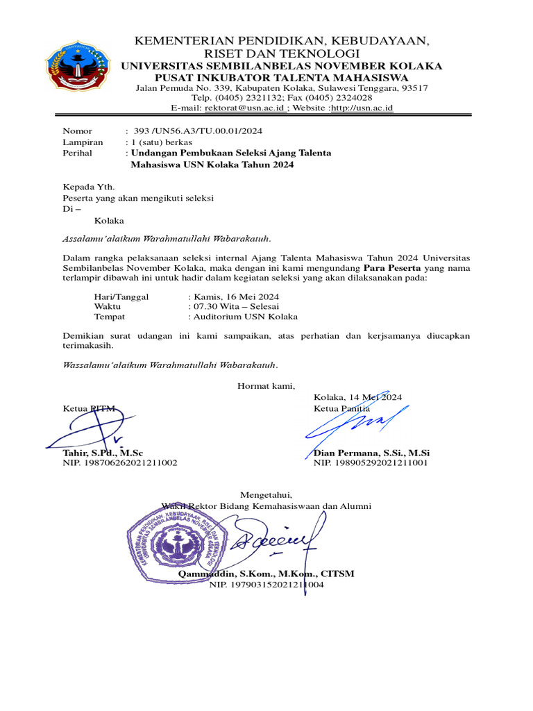 Revisi Undangan Peserta Seleksi Internal Ajang Talenta 2024 | PDF