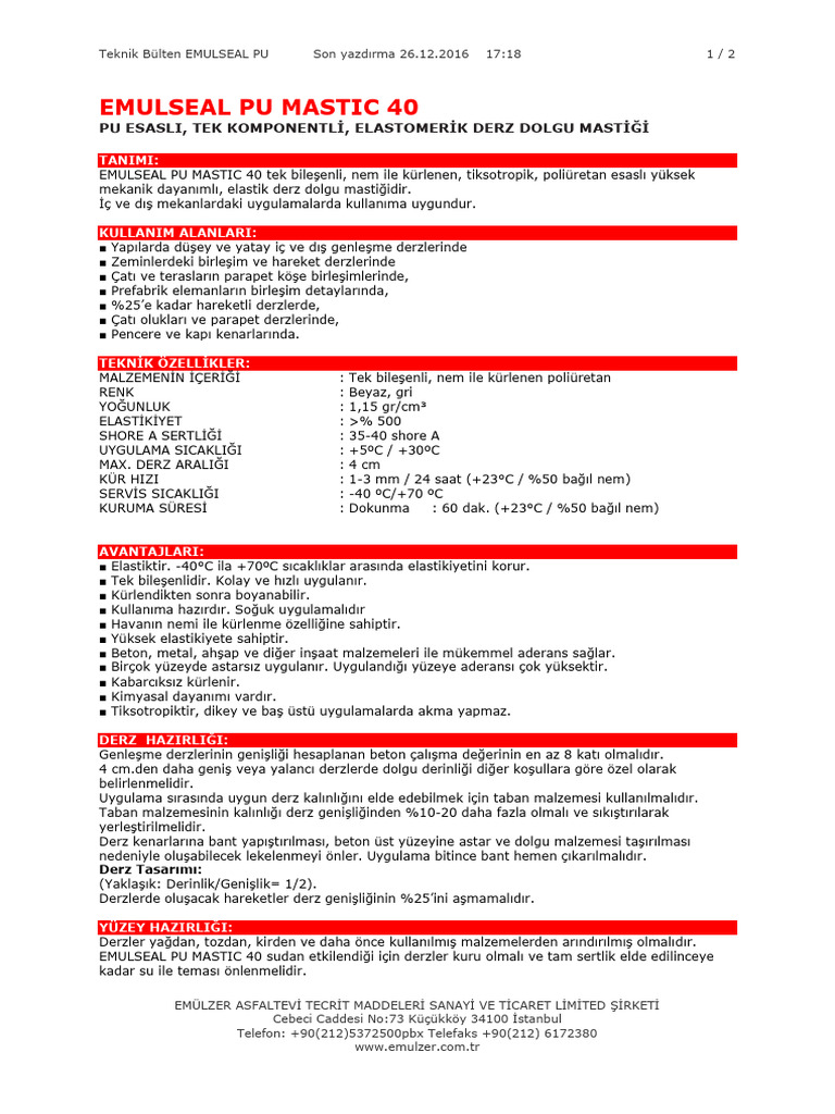 Emulseal Pu Mastic 40 Teknik Bulten 2015 02pdf | PDF