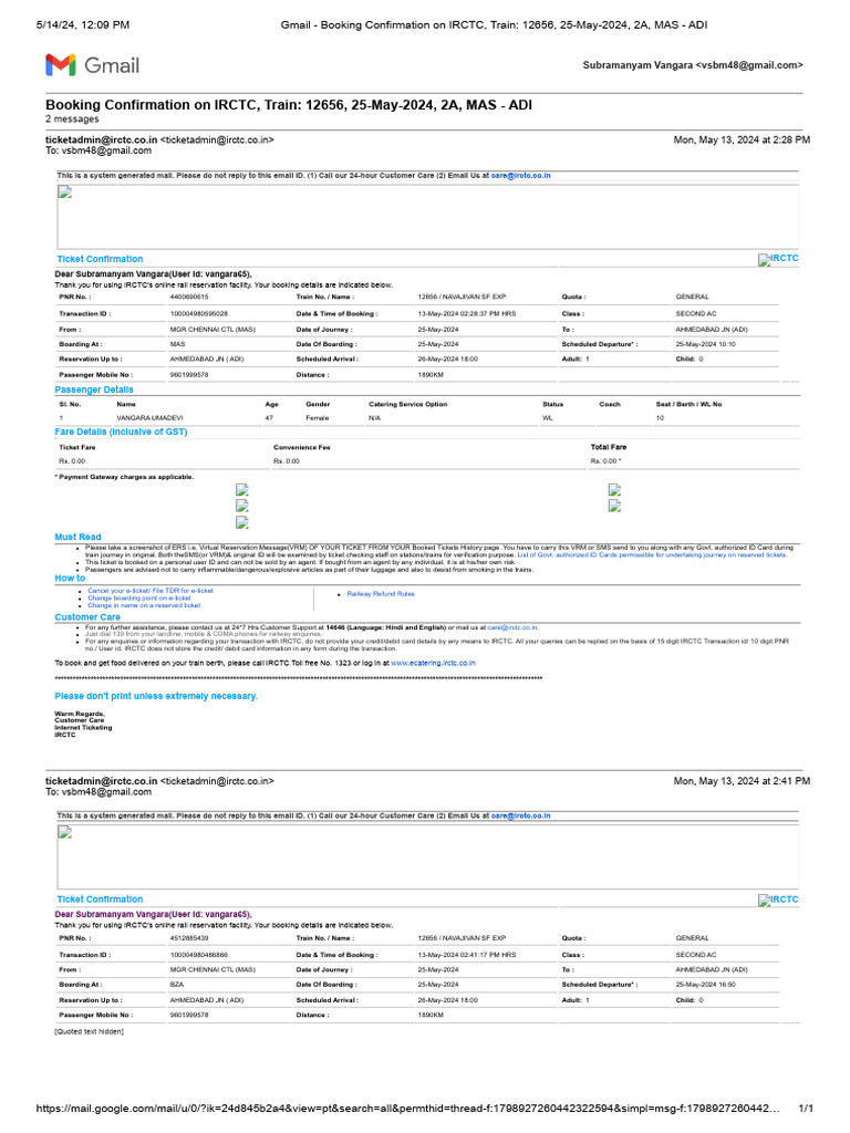 Gmail - Booking Confirmation On IRCTC, Train - 12656, 25-May-2024, 2A, MAS - ADI | PDF | Service ...