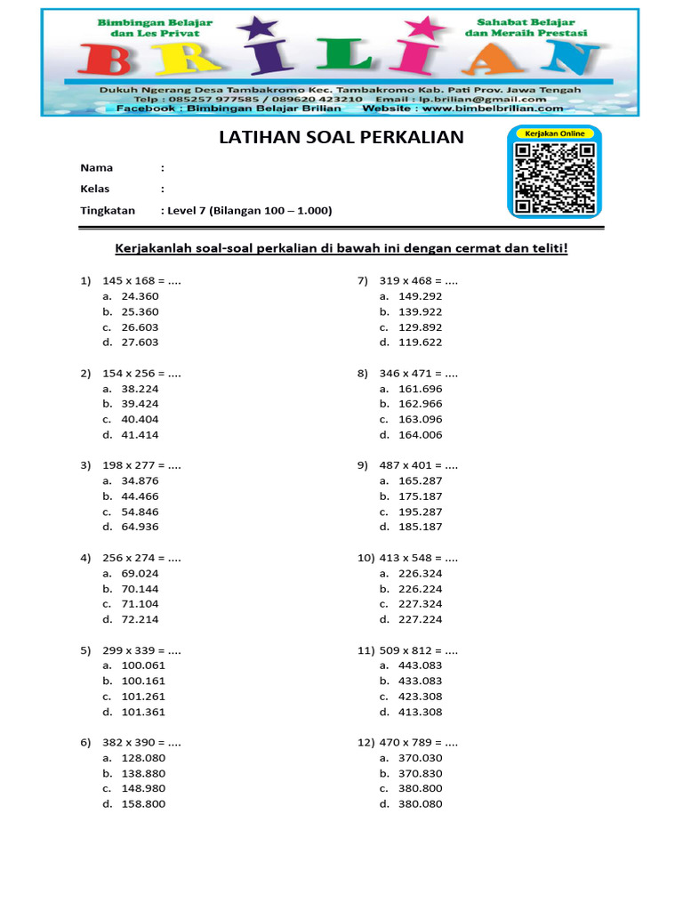 Soal Perkalian Level 7 Bilangan 100 - 1.000 | PDF