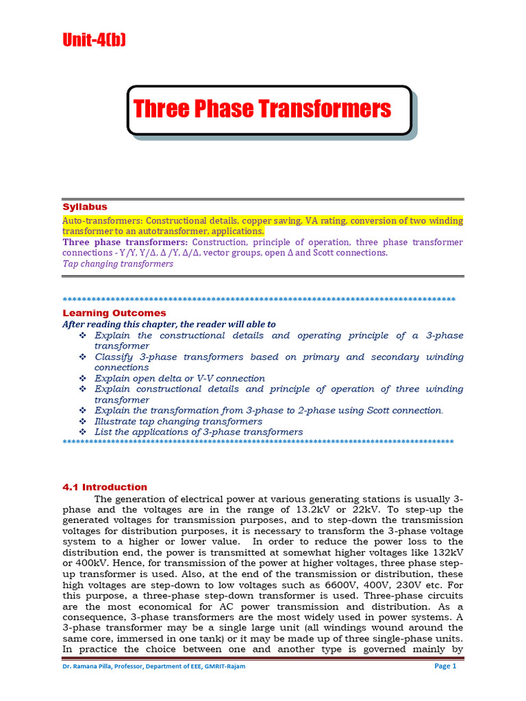 Unit-4 (B) (Three Phase Transfromers) | PDF | Transformer | Electric Power Distribution