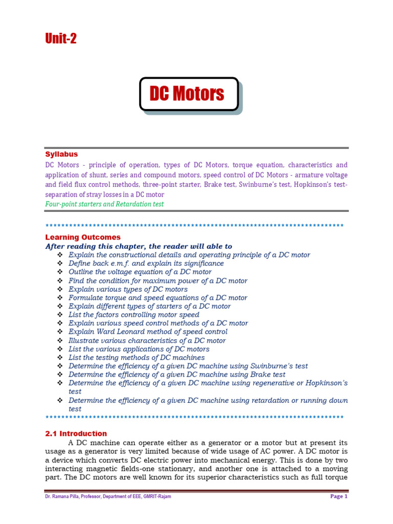 Unit-2 (DC Motors) | PDF | Electric Motor | Electromagnetic Induction