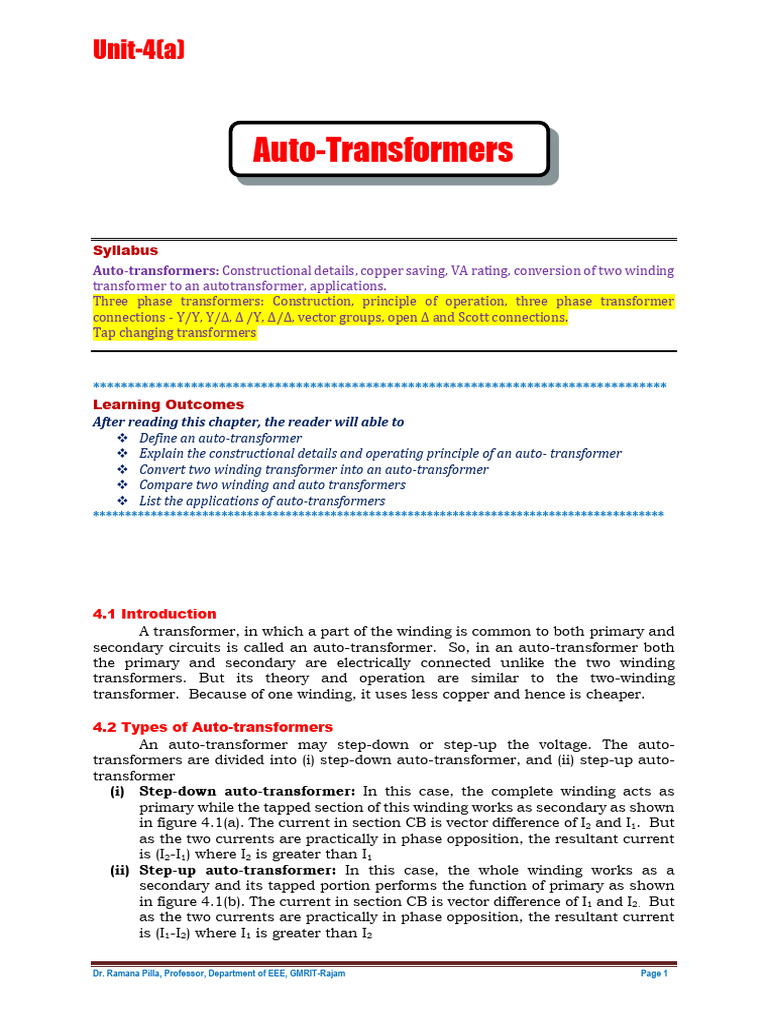 Unit 4 (A) (Auto Transformers) | PDF | Transformer | Inductance