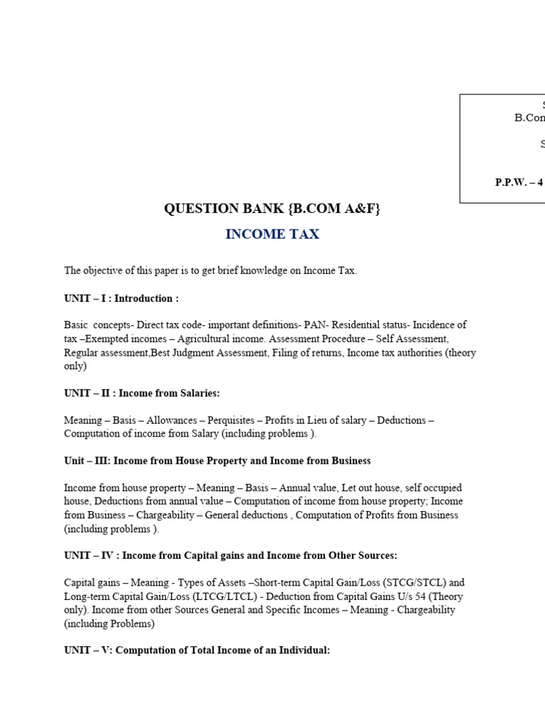 Income Tax Question Bank | PDF | Capital Gain | Taxes