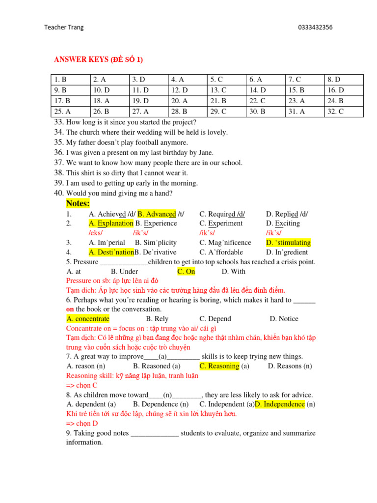 1. ANSWER KEYS đề thi thử 01 | PDF