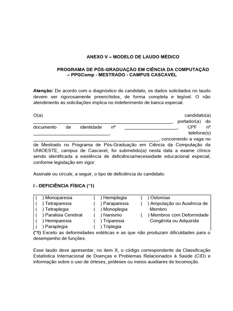 Anexo V - Modelo Laudo Medico | Download grátis PDF | Surdez | Deficiência visual