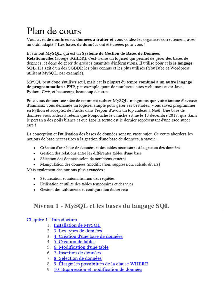 Plan de Cours | PDF | MySQL | Bases de données