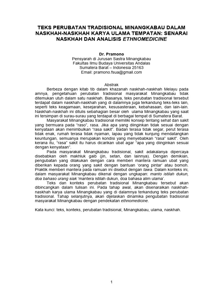 Teks Perubatan Tradisional Minangkabau Dalam Naskhah-Naskhah Karya ...
