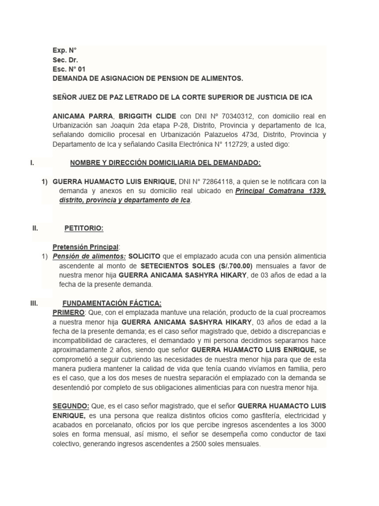 DEMANDA DE ALimentos | PDF | Pensión alimenticia