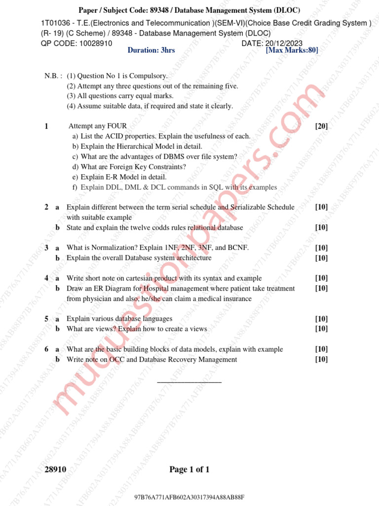 Be Electronics and Telecommunication Semester 6 2023 December Database Management Systemrev 2019 ...