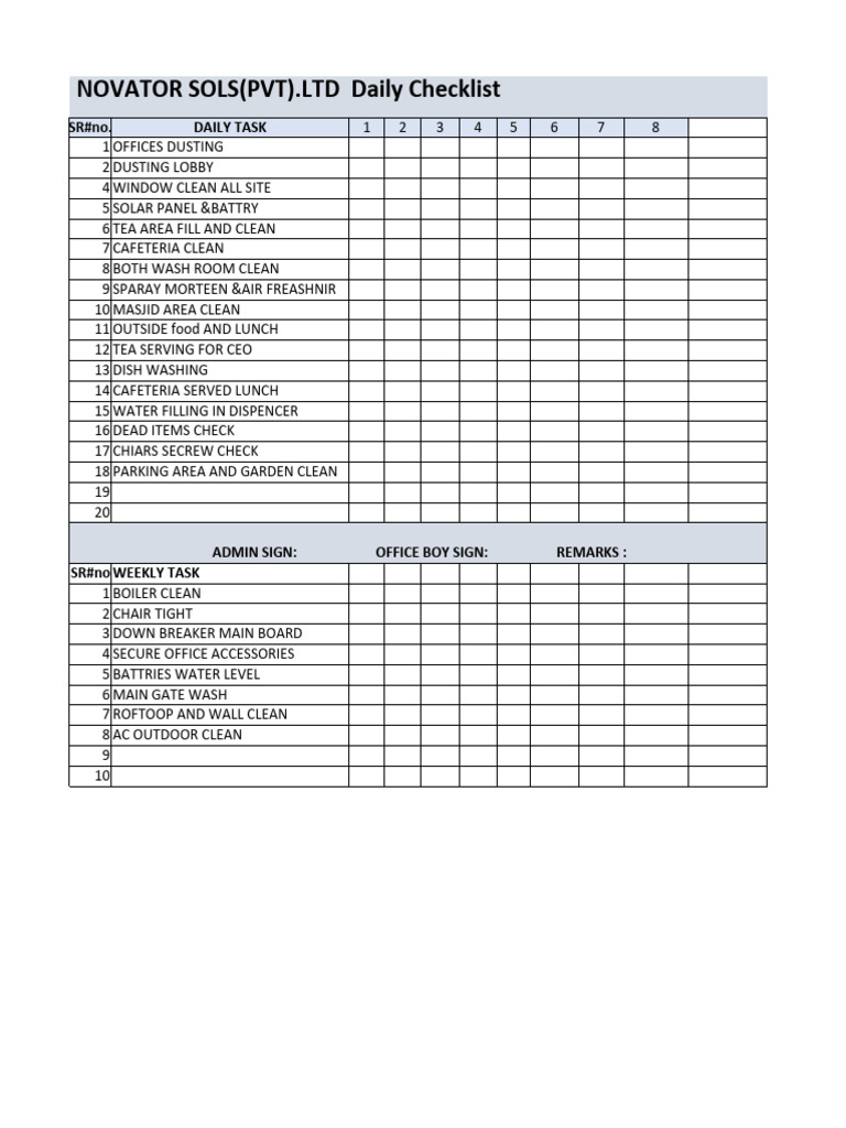 Daily Office Maintenance Checklist | PDF | Home & Garden