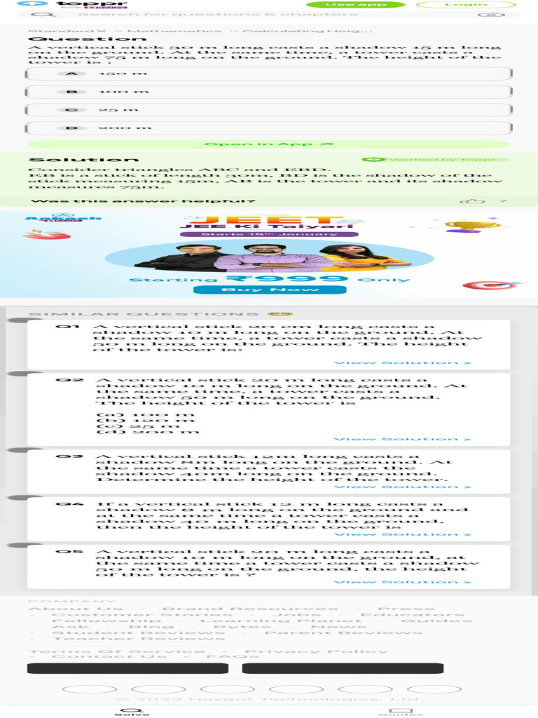 A Vertical Stick 30 M Long Casts A Shadow 15 M Long On The Ground. at ...