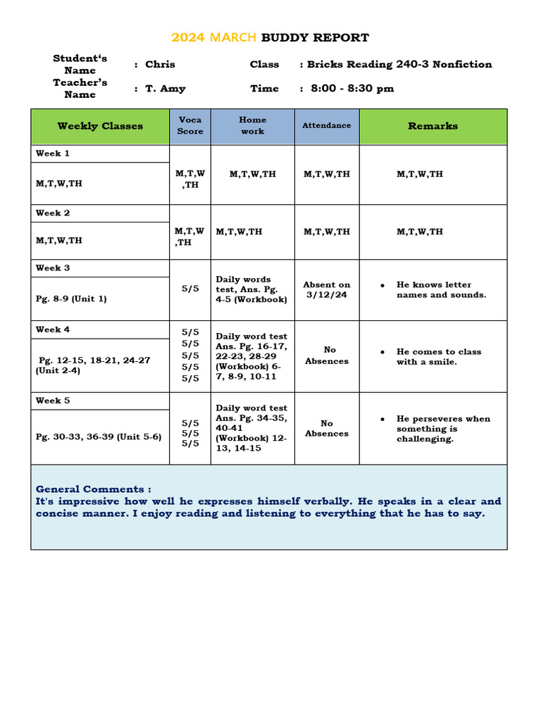 T.Amy - Bricks Reading 240-3 Nonfiction - Chris - Buddy Report - March 2024 | PDF