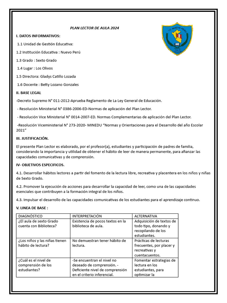 Plan Lector De Aula 2024 Pdf Comprensión Lectora Salón De Clases