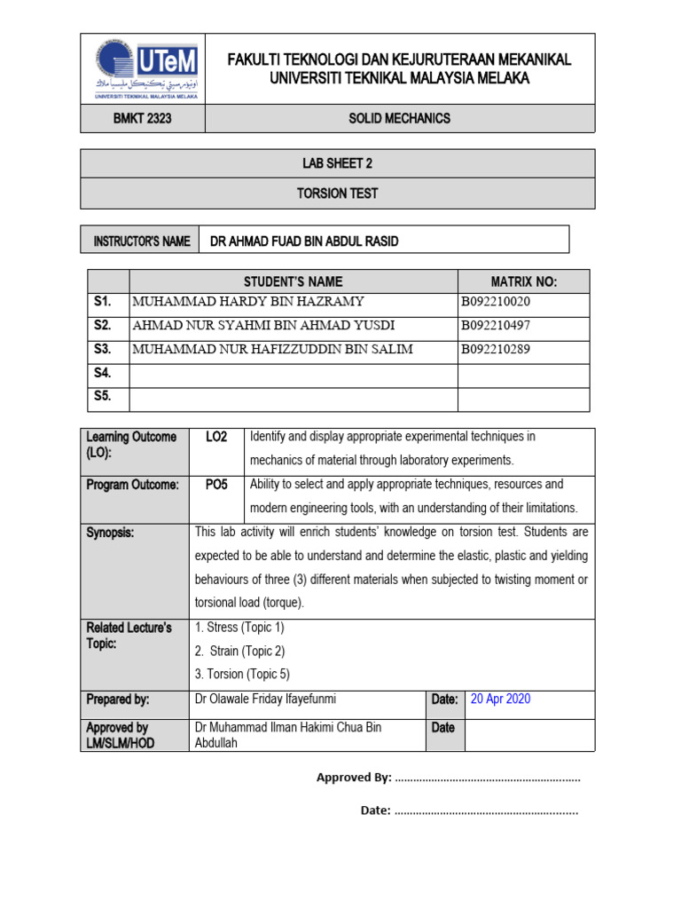 Torsion Test Lab Sheet for Solid Mechanics | PDF | Torque | Mechanics
