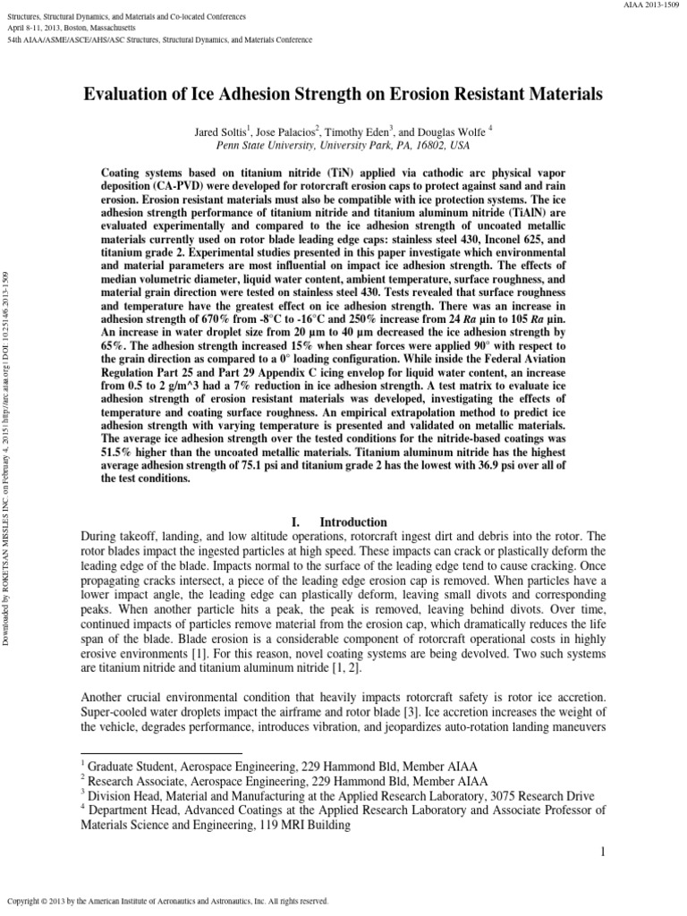 Evaluation of Ice Adhesion Strength On Erosion Resistant Materials ...