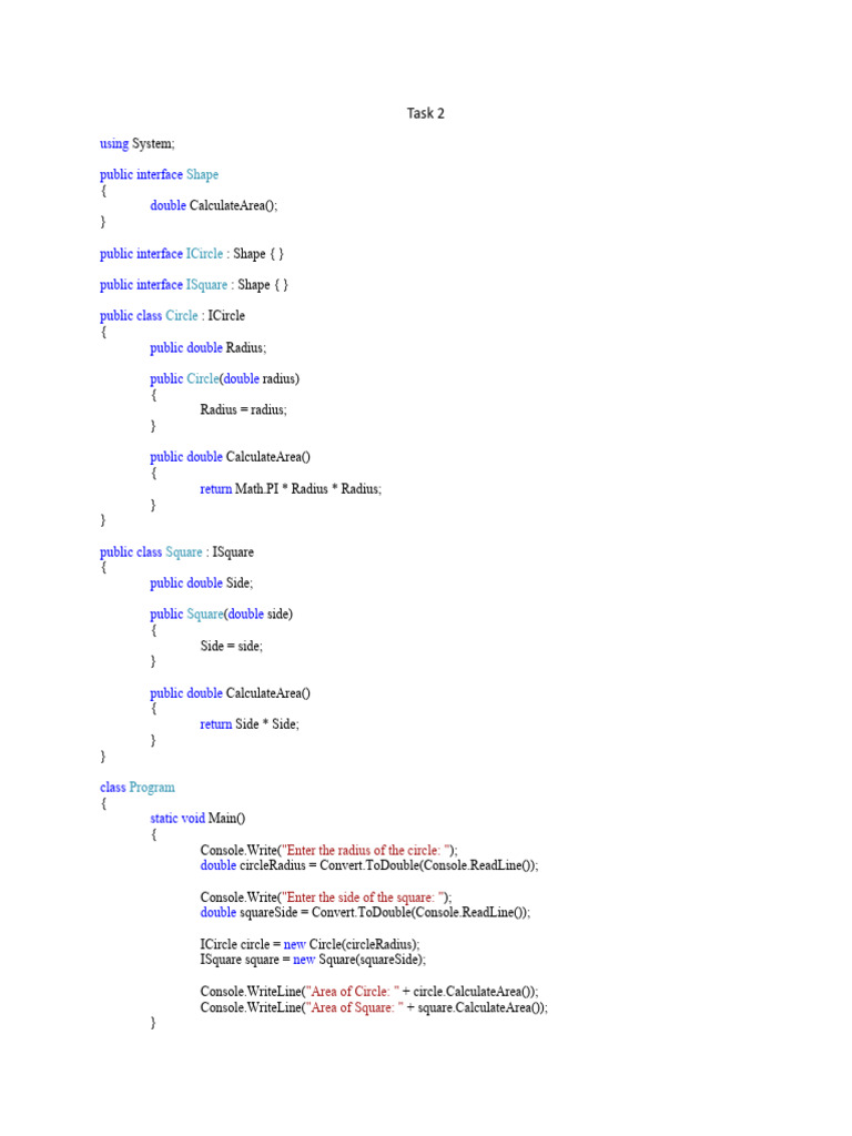 C# Programming Tasks Overview | PDF | Circle | Software Development