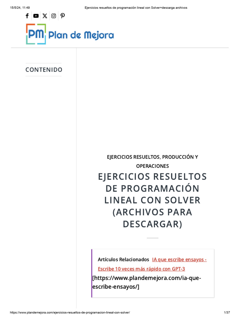 Ejercicios Resueltos de Programación Lineal Con Solver+descarga Archivos | PDF | Programación lineal