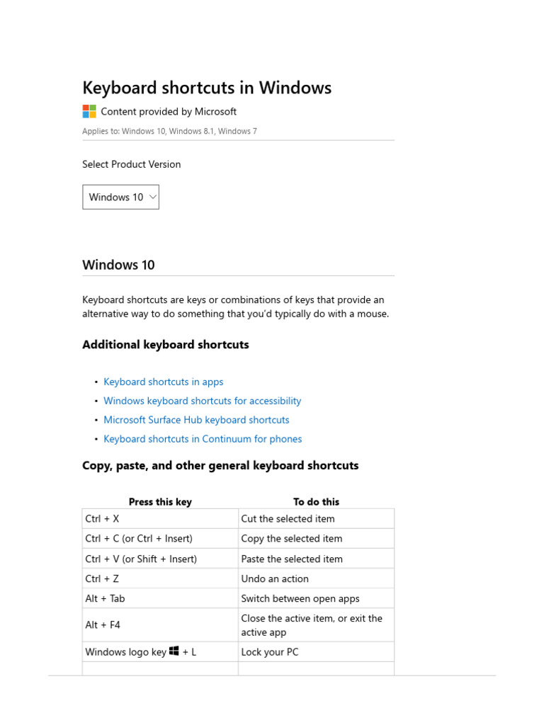 Keyboard Shortcuts in Windows | PDF | Computer Keyboard | Microsoft Windows