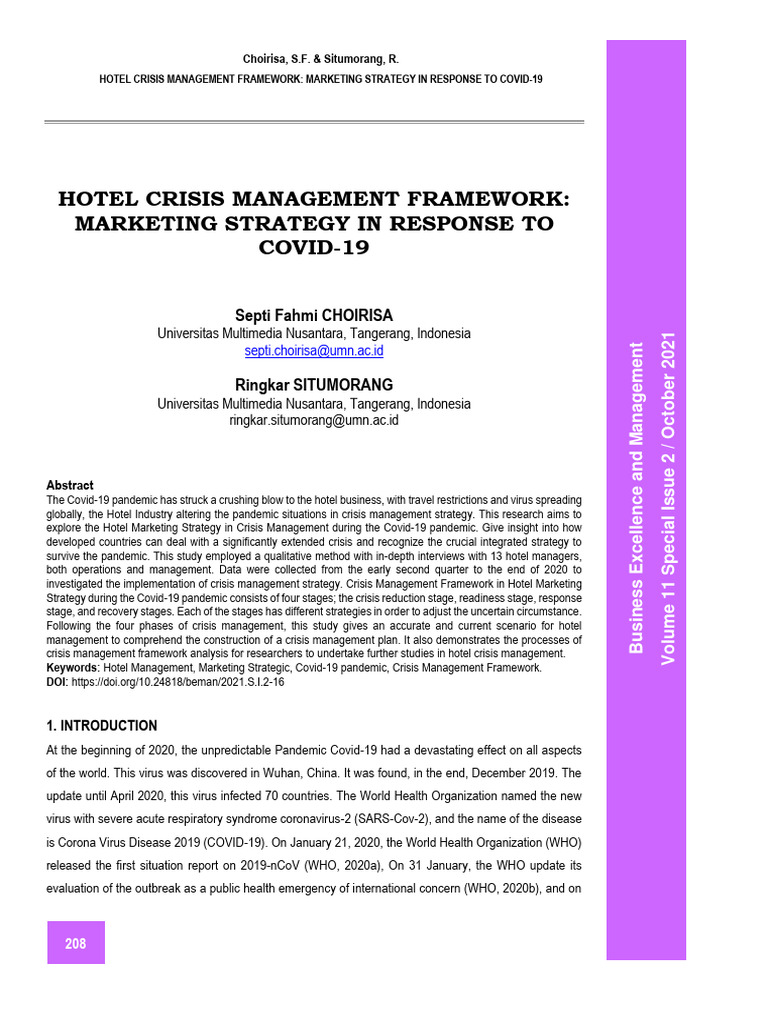 hotel crisis management framework | PDF | Crisis Management | Tourism hotel crisis management framework | PDF | Crisis Management | Tourism