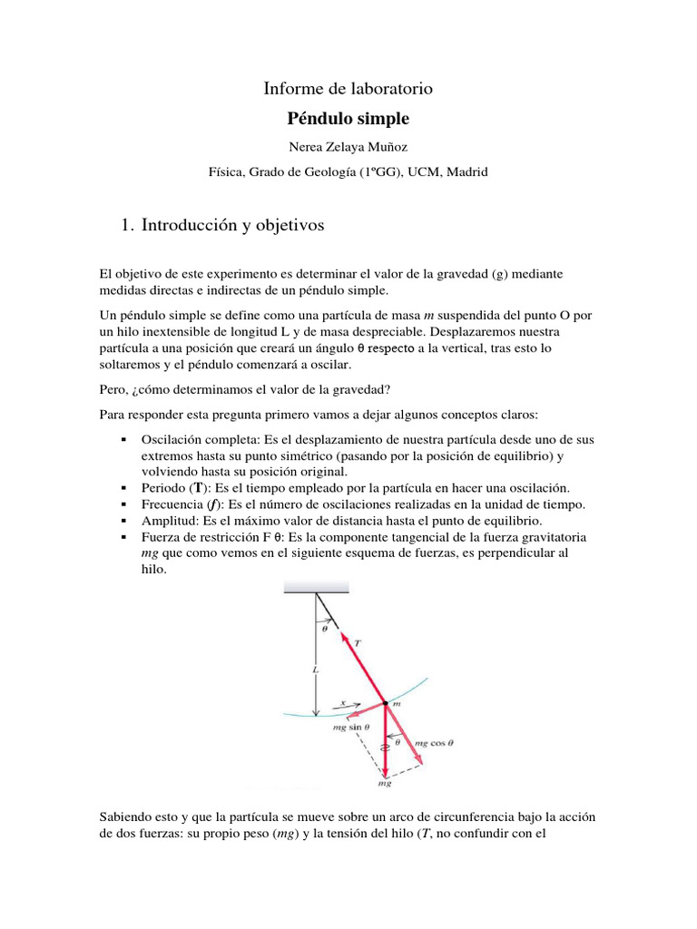 Péndulo Simple (Informe) - Nerea Zelaya Muñoz | PDF | Péndulo | Física