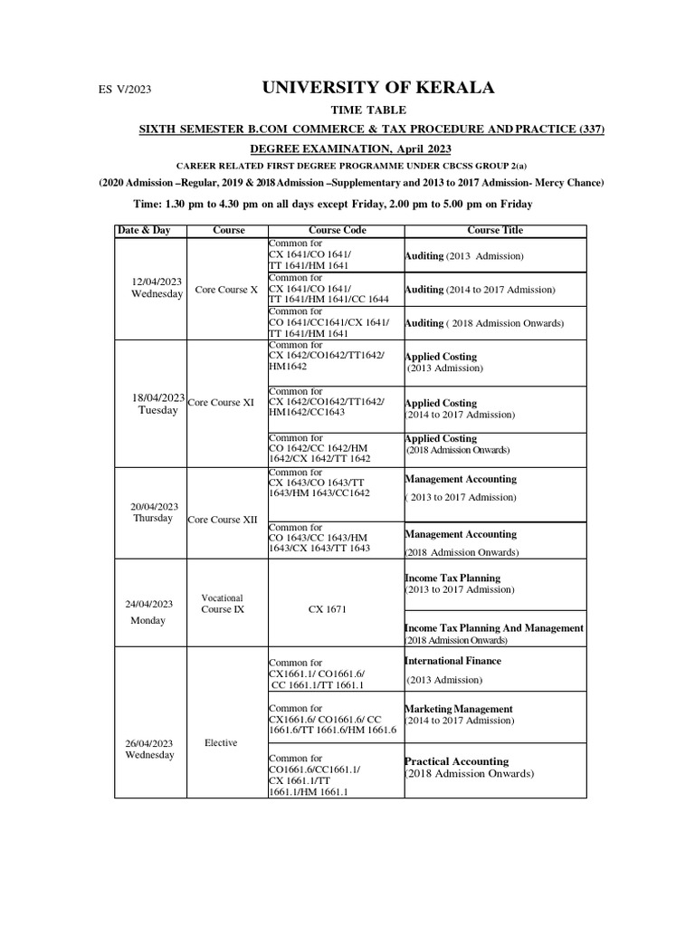 University of Kerala: Time Table Degree Examination, April 2023 | PDF ...