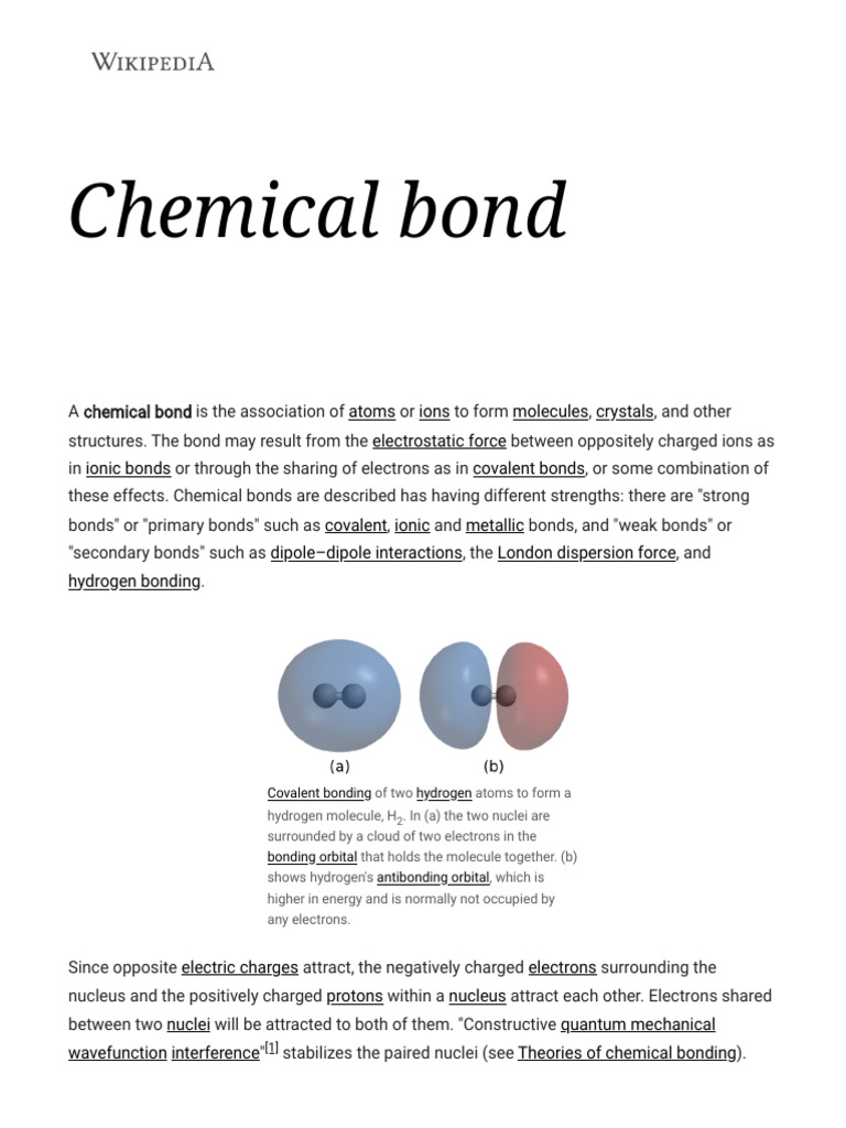 Chemical Bond - Wikipedia | PDF | Chemical Bond | Ionic Bonding