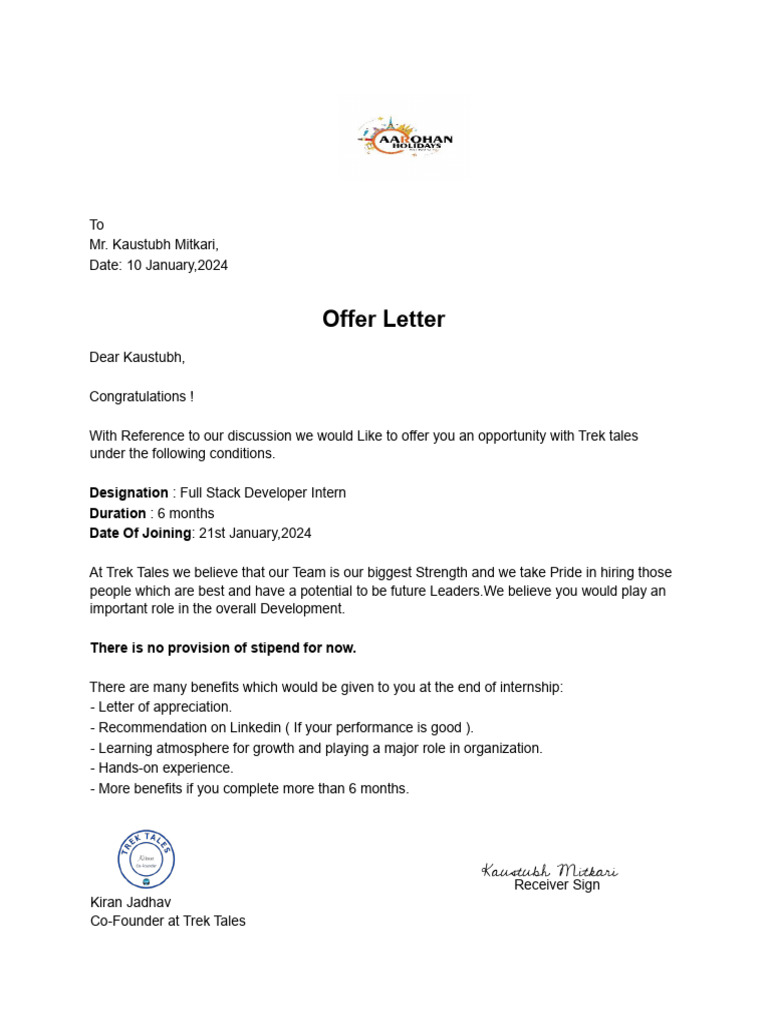 Internship Offer Letter (Signed) | PDF | Career & Growth