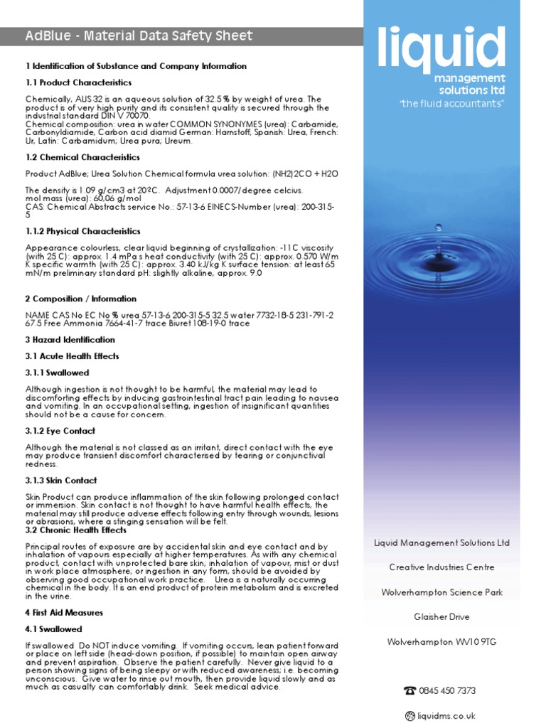 Adblue - Material Data Safety Sheet: Management Solutions LTD | PDF ...