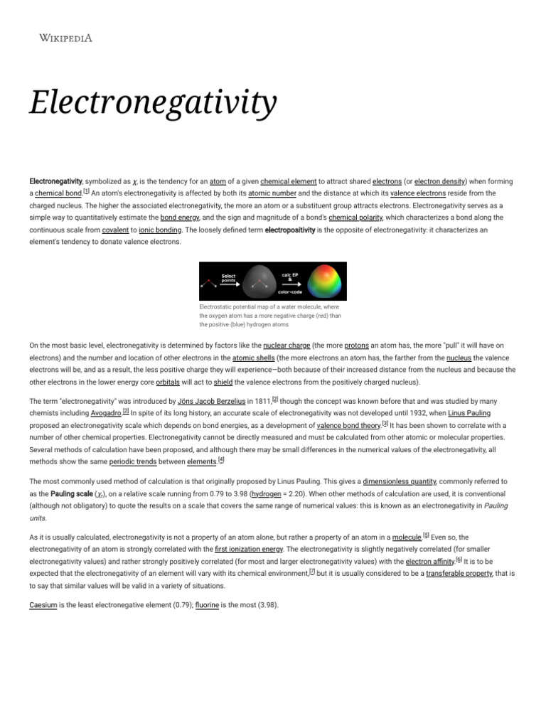 Electronegativity - Wikipedia | PDF | Chemical Bond | Chemistry