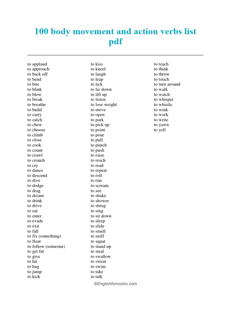 100 Body Movement and Action Verbs | PDF
