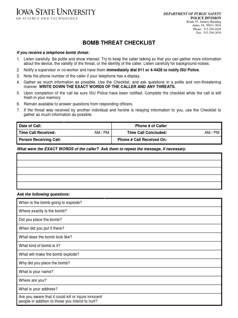Bomb Threat Response Checklist | PDF