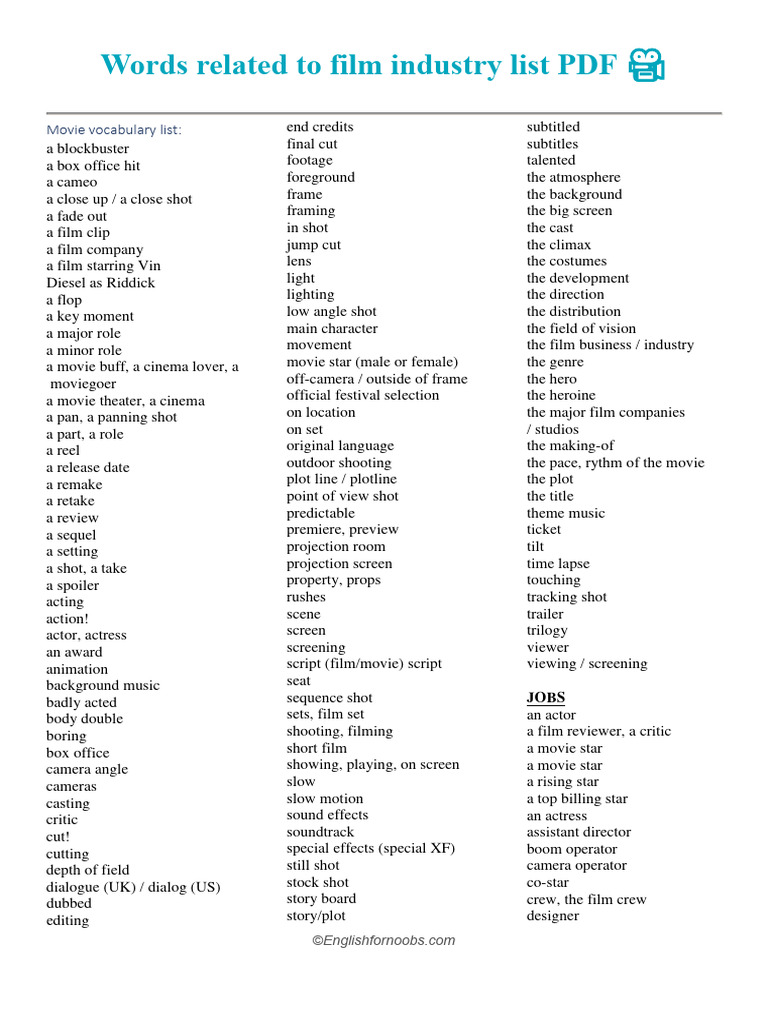 Film Industry Vocabulary List | PDF | Filmmaking | Movie Theater