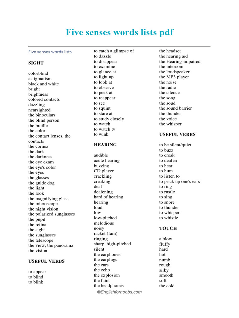 Five Senses Words Lists | PDF | Taste | Odor