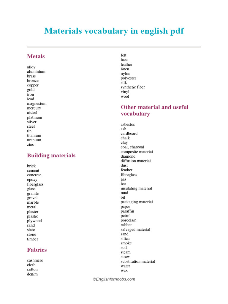 English Materials Vocabulary Guide | PDF