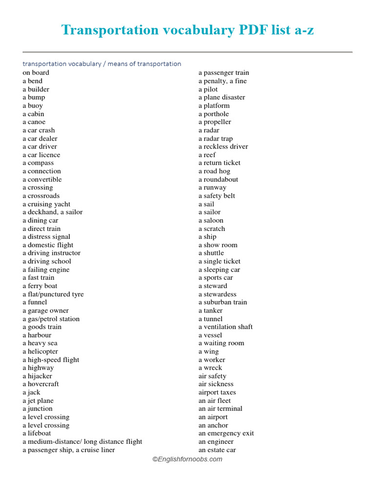 Transportation Vocabulary A-Z PDF Guide | PDF | Vehicles | Transport