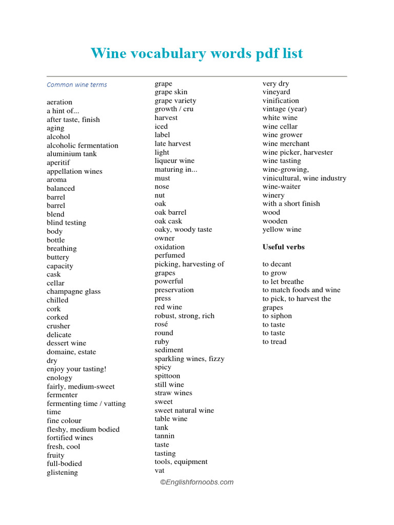 Wine Vocabulary Words | PDF | Wine | Winemaking