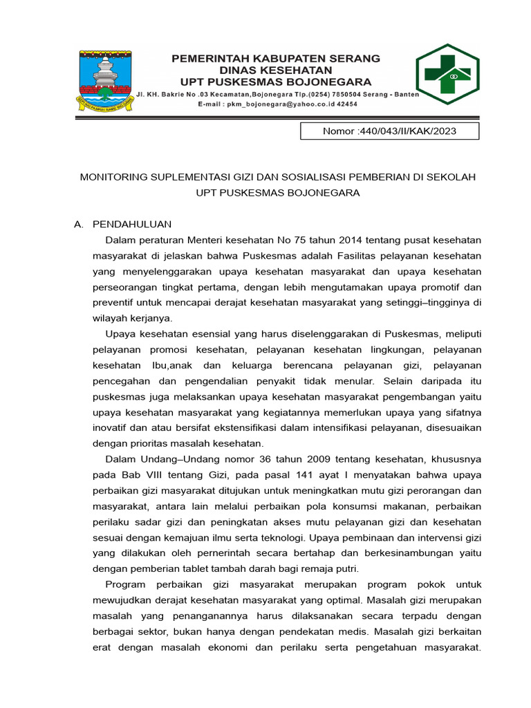 Kak Monitoring Suplementasi Gizi Dan Sosialisasi Pemberian Di Sekolah | PDF | Ilmu Sosial ...