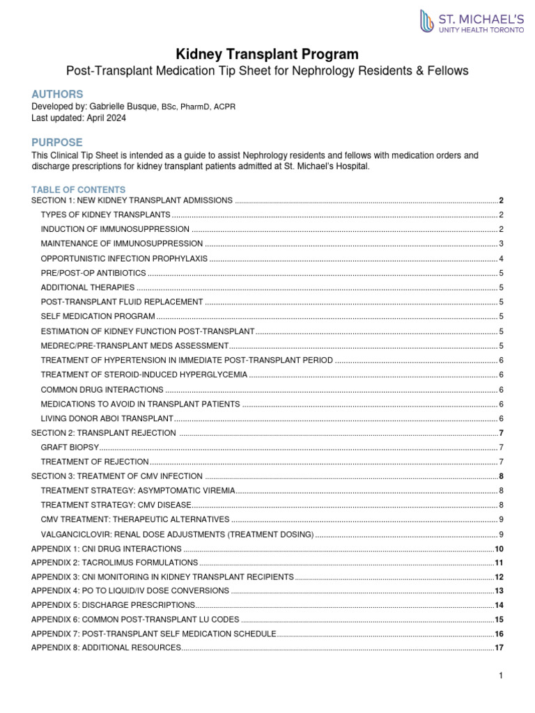 Kidney Transplant Medications Tip Sheet Apr 2024 | PDF | Kidney ...
