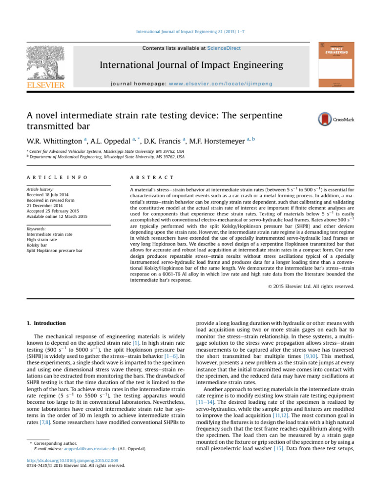 A Novel Intermediate Strain Rate Testing Device The Serpentine ...