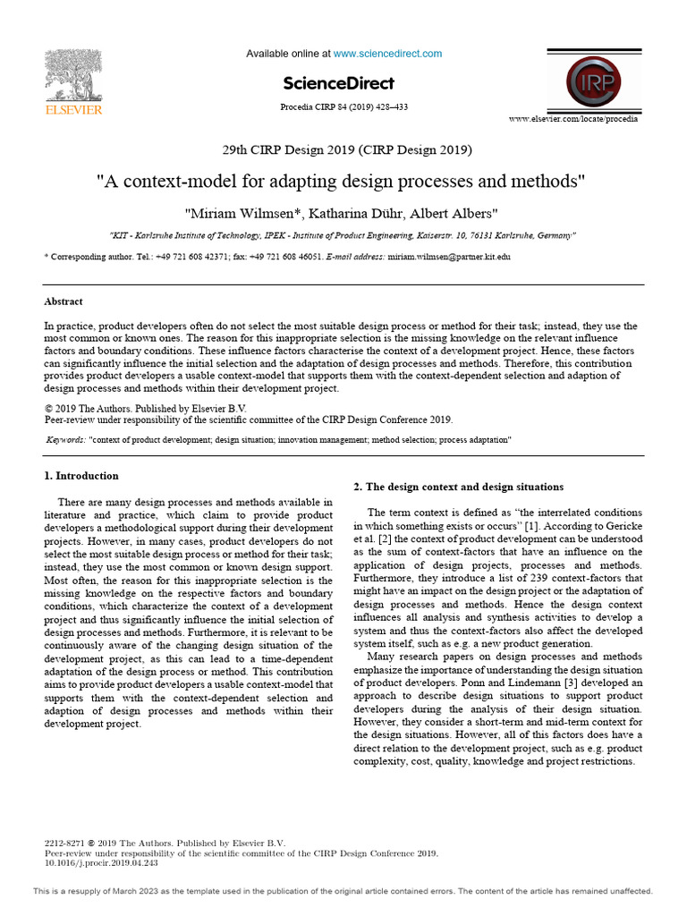 -A-context-model-for-adapting-design-processes-and-methods_2019_Procedia-CIR | PDF | Design | System