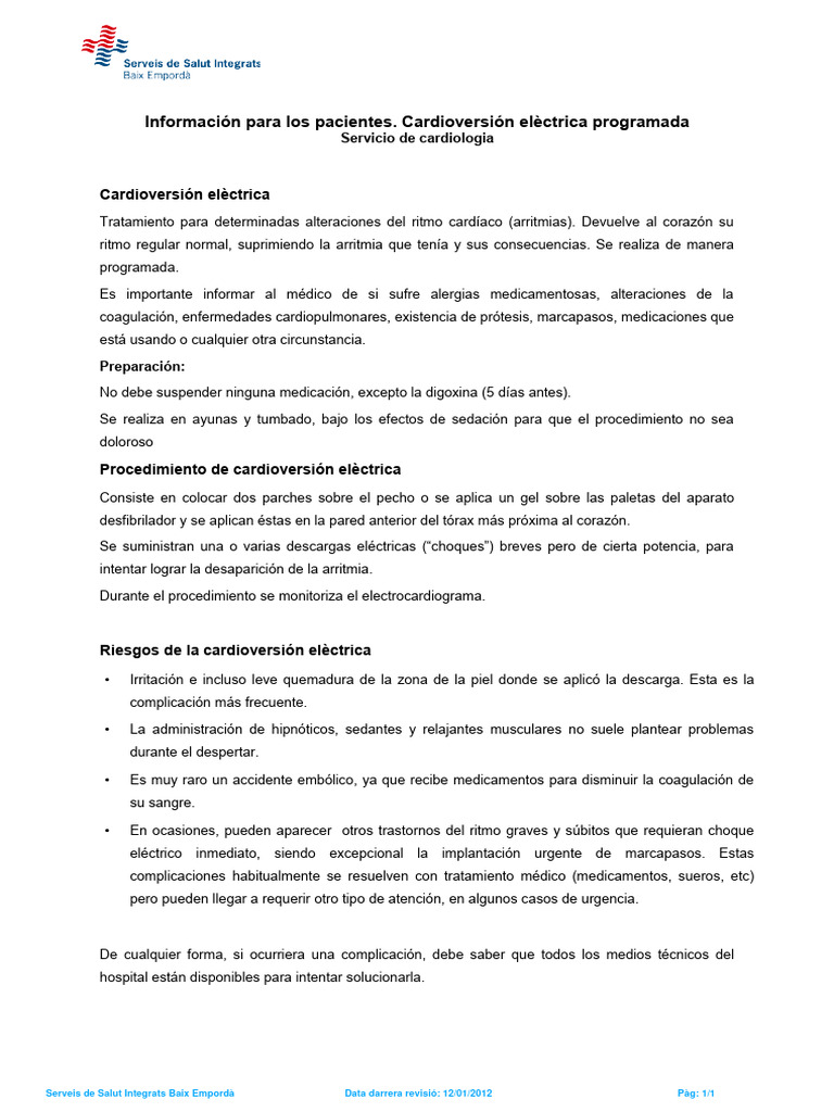 Cardioversión eléctrica: Guía para pacientes | PDF | Enfermedades y ...