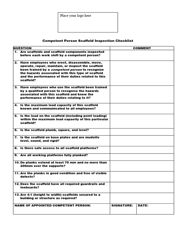 Competent Person Scaffold Inspection Checklist | PDF | Scaffolding
