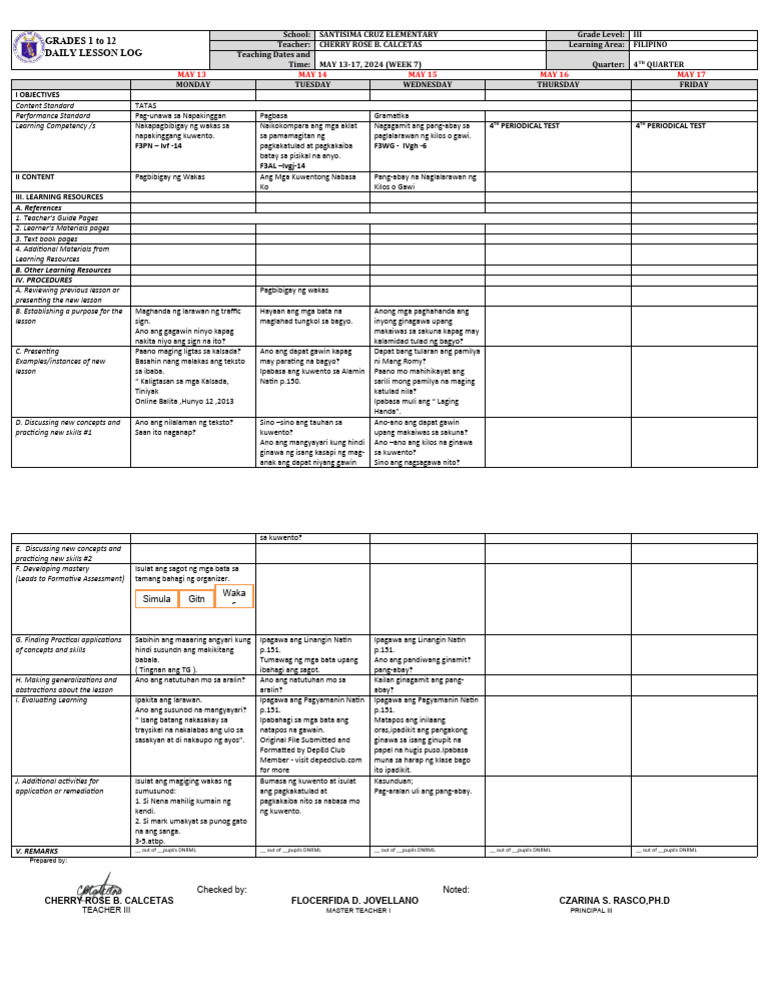 DLL - Filipino 3 - Q4 - W7 | PDF